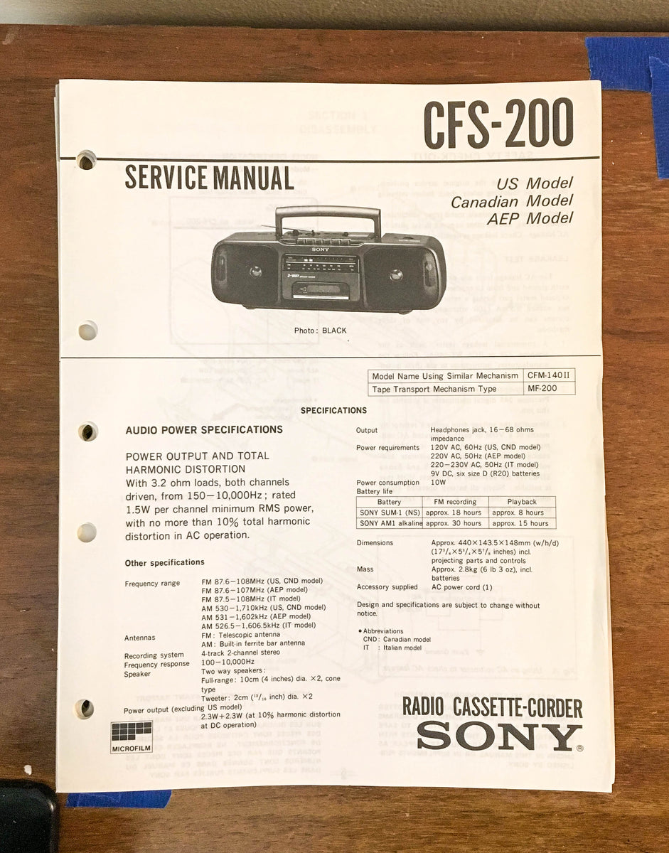 Sony CFS-200 Stereo Cassette Recorder Service Manual *Original ...