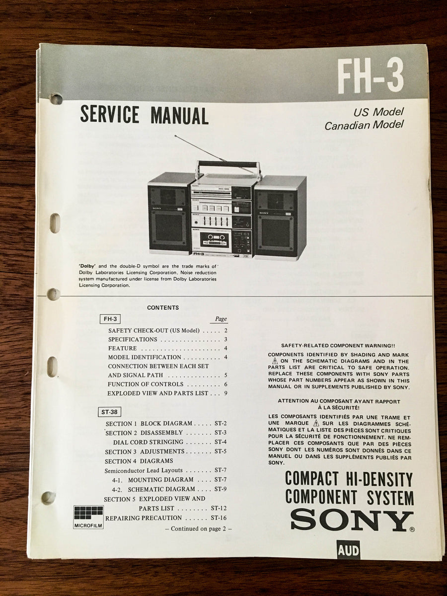 Sony FH-3 Component Stereo Service Manual *Original* – Vintage Audio ...