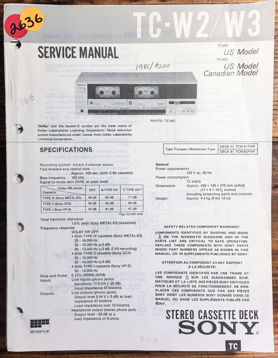 Sony TC-W2 TC-W3 Cassette Deck Service Manual *Original* – Vintage ...