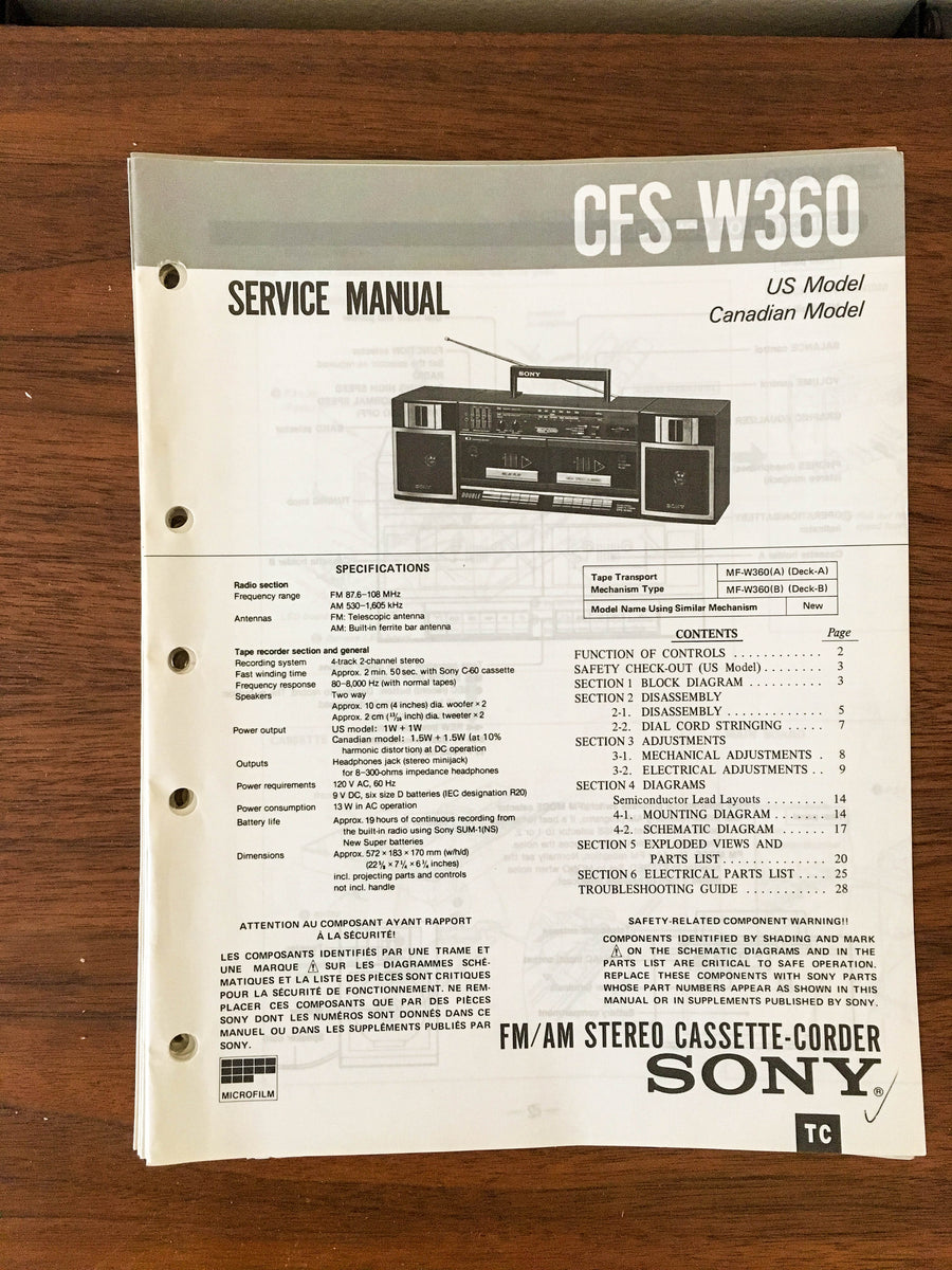 Sony CFS-W360 Boombox / Radio Service Manual *Original* – Vintage Audio ...