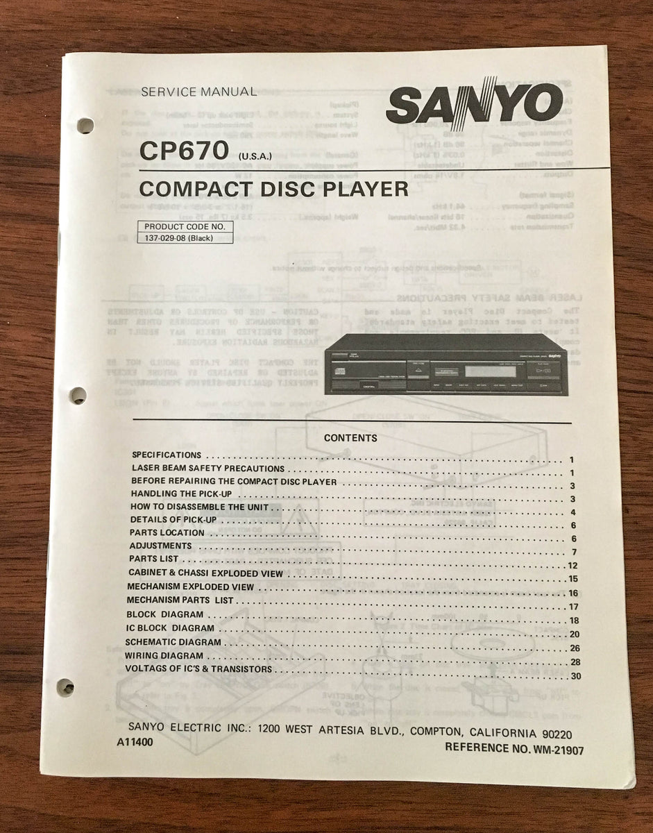 Sanyo CP 670 CD PLAYER Service Manual *Original* – Vintage Audio Store ...