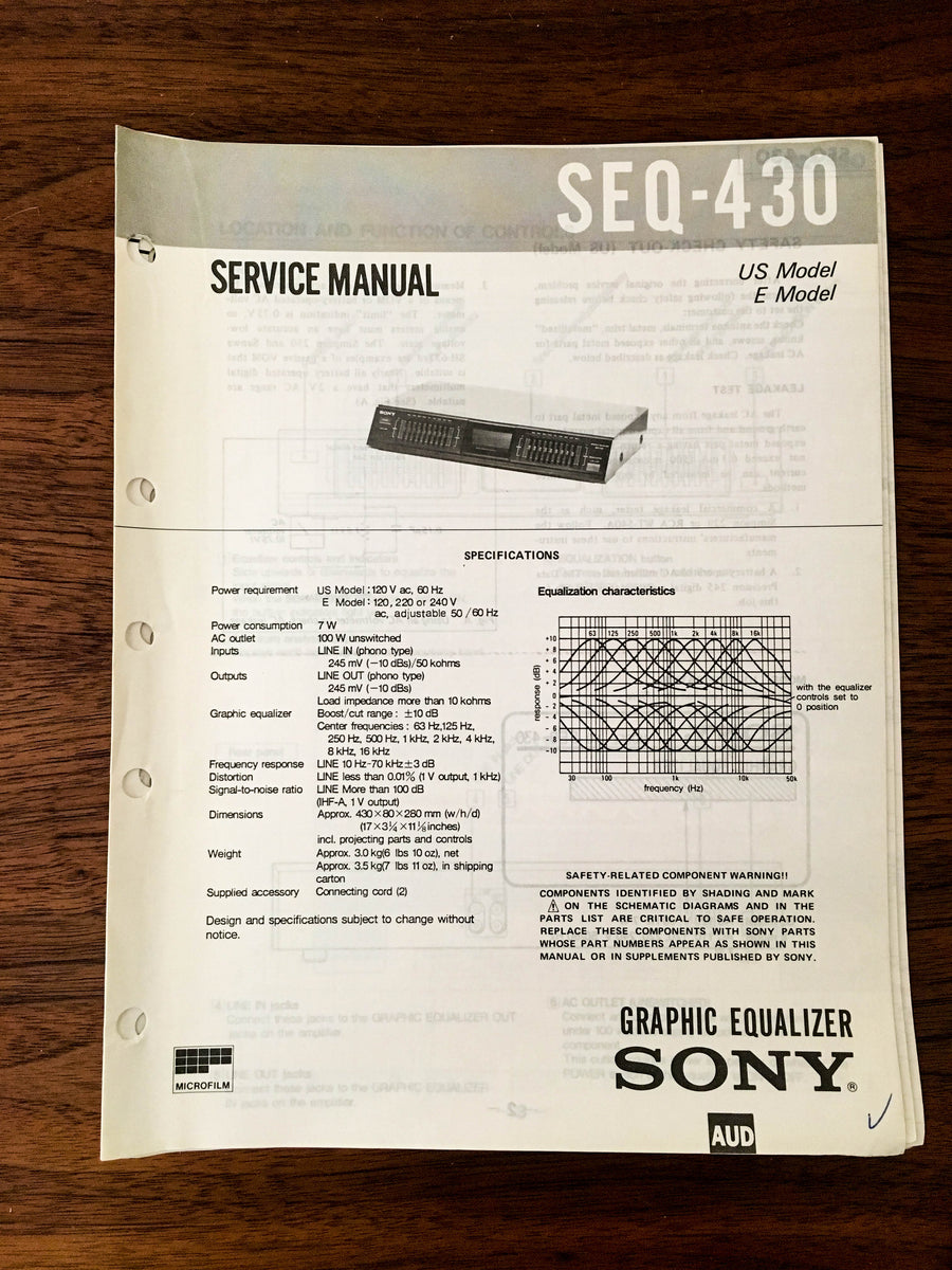 Sony SEQ-430 Equalizer Service Manual *Original* – Vintage Audio Store - Vintage Service Manuals ...