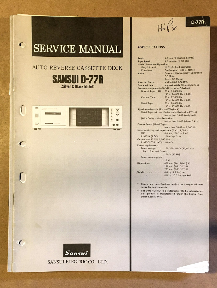 Sansui D-77R Cassette / Tape Player Service Manual *Original* – Vintage ...