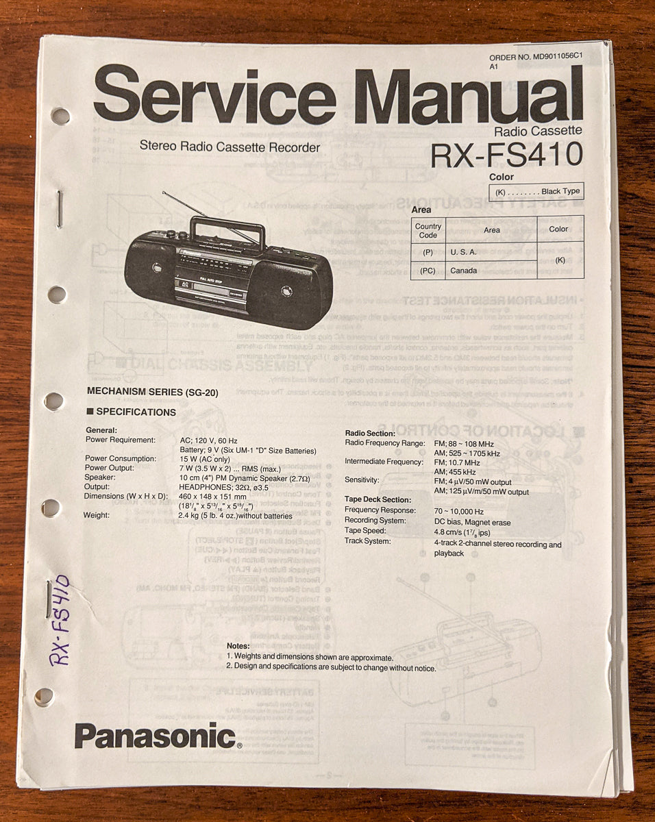 Panasonic RX-FS410 Radio Cassette Service Manual *Original* – Vintage ...
