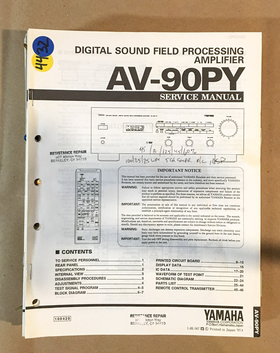 Yamaha AV-90PY AV-90 PY Amplifier Service Manual *Original* – Vintage ...