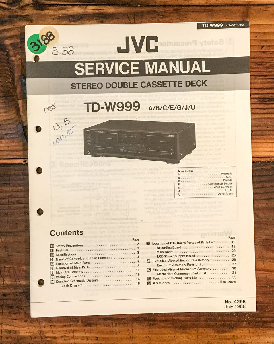 JVC TD-W999 Cassette Deck Service Manual *Original* – Vintage Audio ...