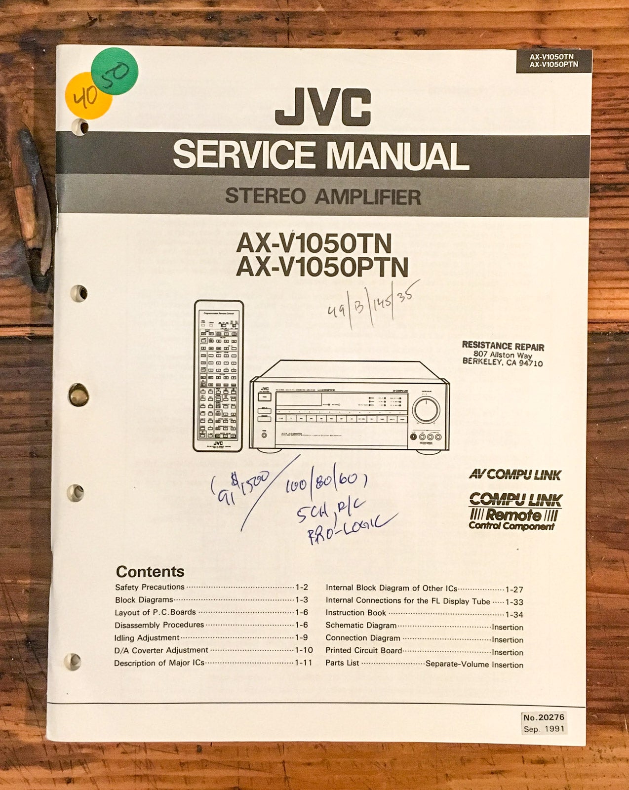JVC AX-V1050TN AX-V1050 TN PTN Amplifier Service Manual *Original ...