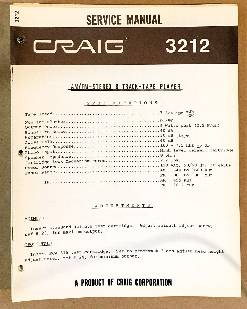 Craig Model 3212 8 Track Stereo Service Manual *Original* – Vintage ...