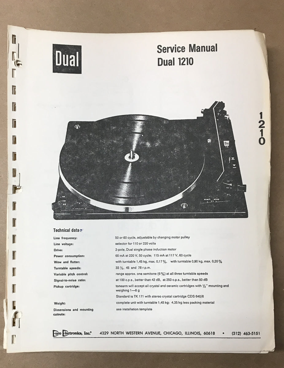 Dual Model 1210 Record Player / Turntable Service Manual *Original ...