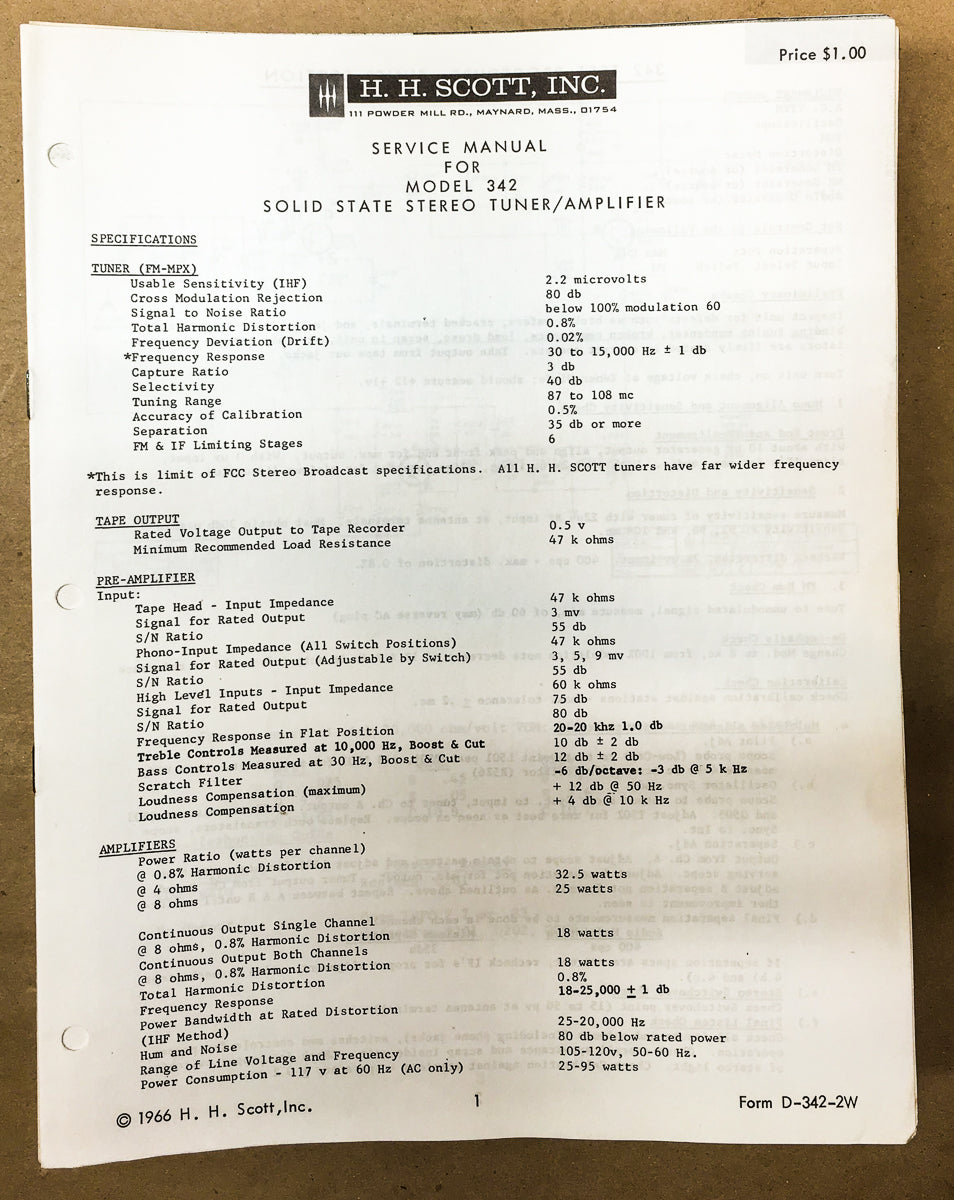 H.H. Scott Model 342 Receiver Service Bulletin *Original* – Vintage ...