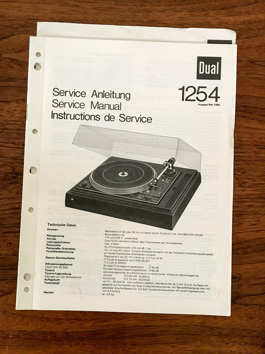 Dual 1254 Record Player / Turntable Service Manual *Original* – Vintage ...