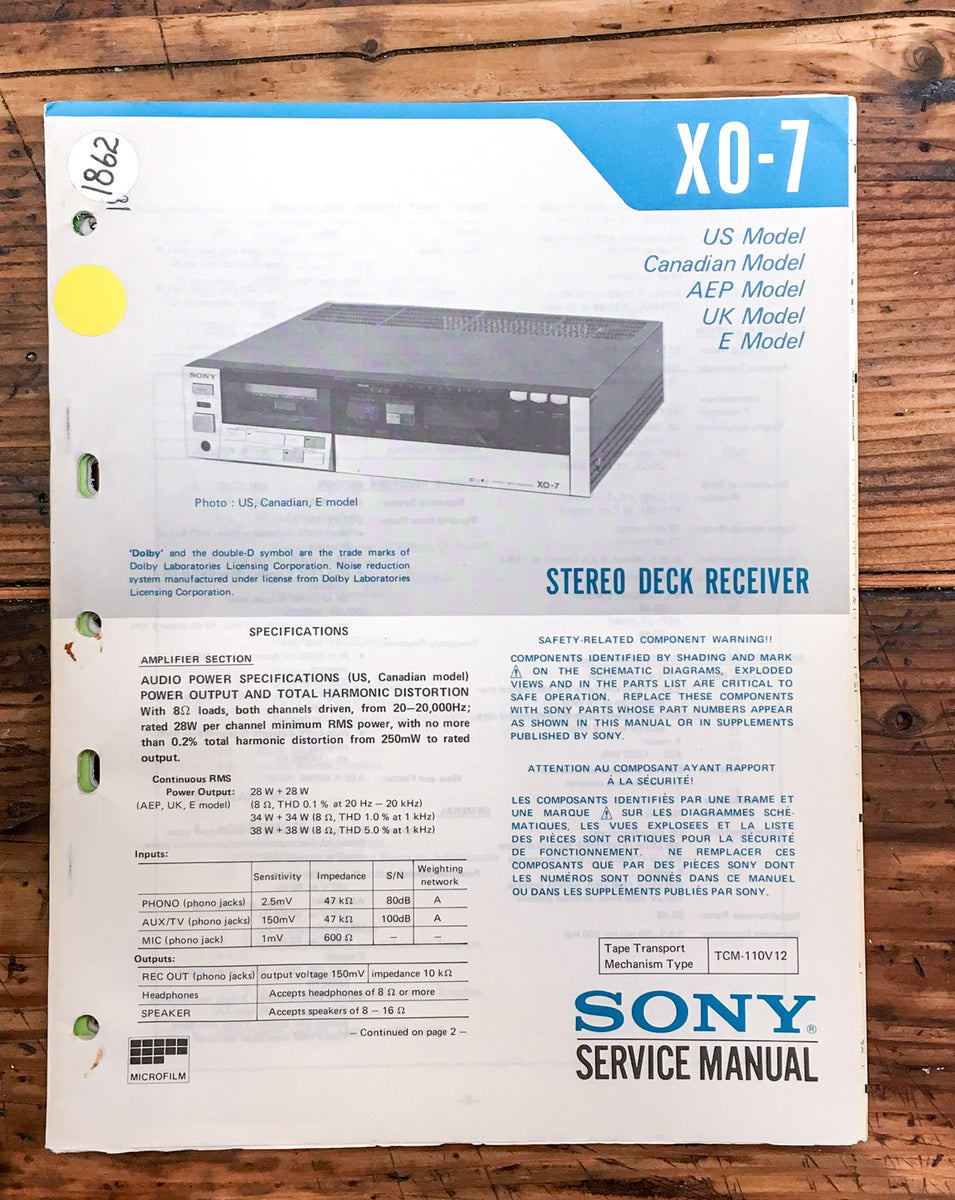 Sony XO-7 Receiver Service Manual *Original* – Vintage Audio Store ...