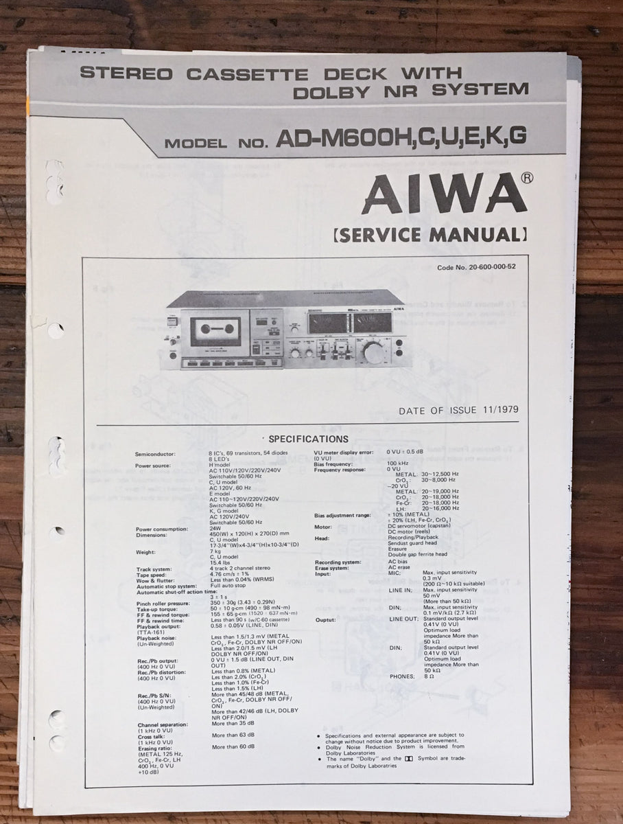Aiwa AD-M600H AD-M600 H Cassette Service Manual *Original* – Vintage Audio Store - Vintage ...