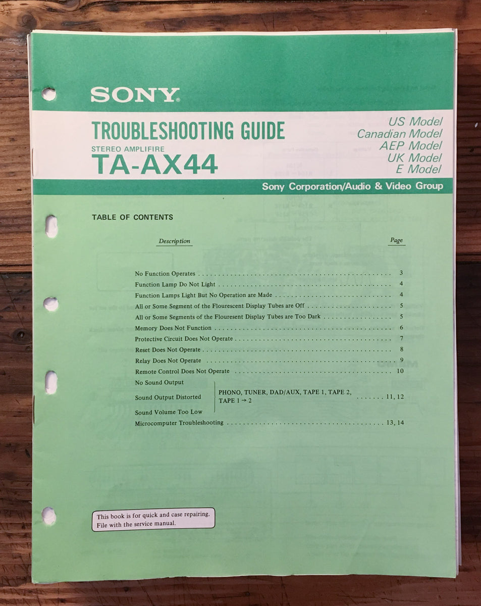 Sony TA-AX44 Amplifier Troubleshooting Guide *Original* – Vintage Audio ...