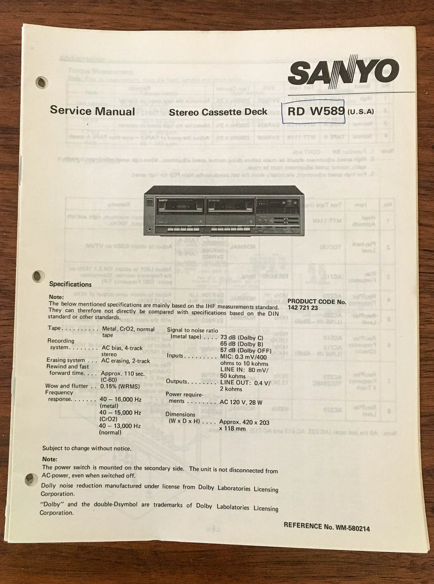 Sanyo RD W589 Cassette Deck Service Manual *Original* – Vintage Audio ...