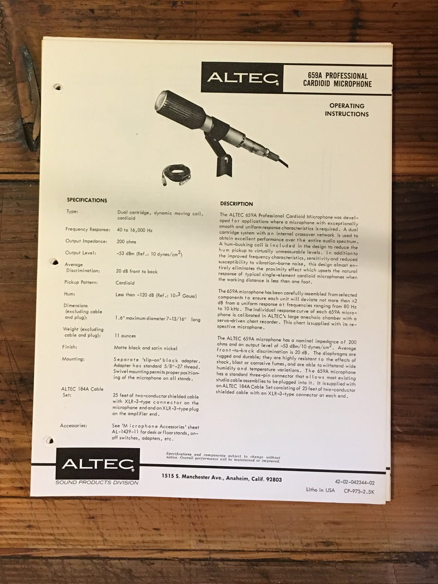 Microphone Owner / Operating Instructions *Original* – Vintage Audio ...