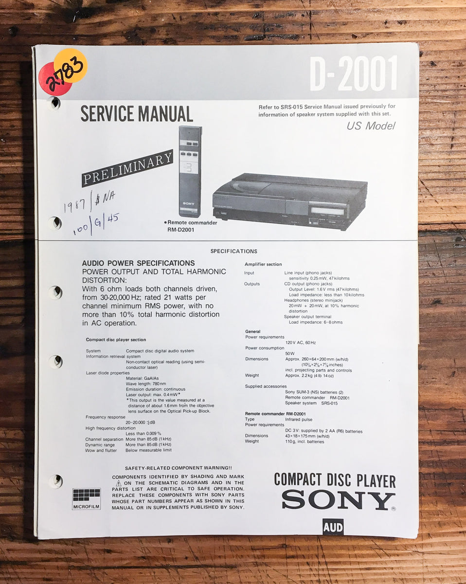 Sony D-2001 CD Player Prelim. Service Manual *Original* #1 – Vintage ...