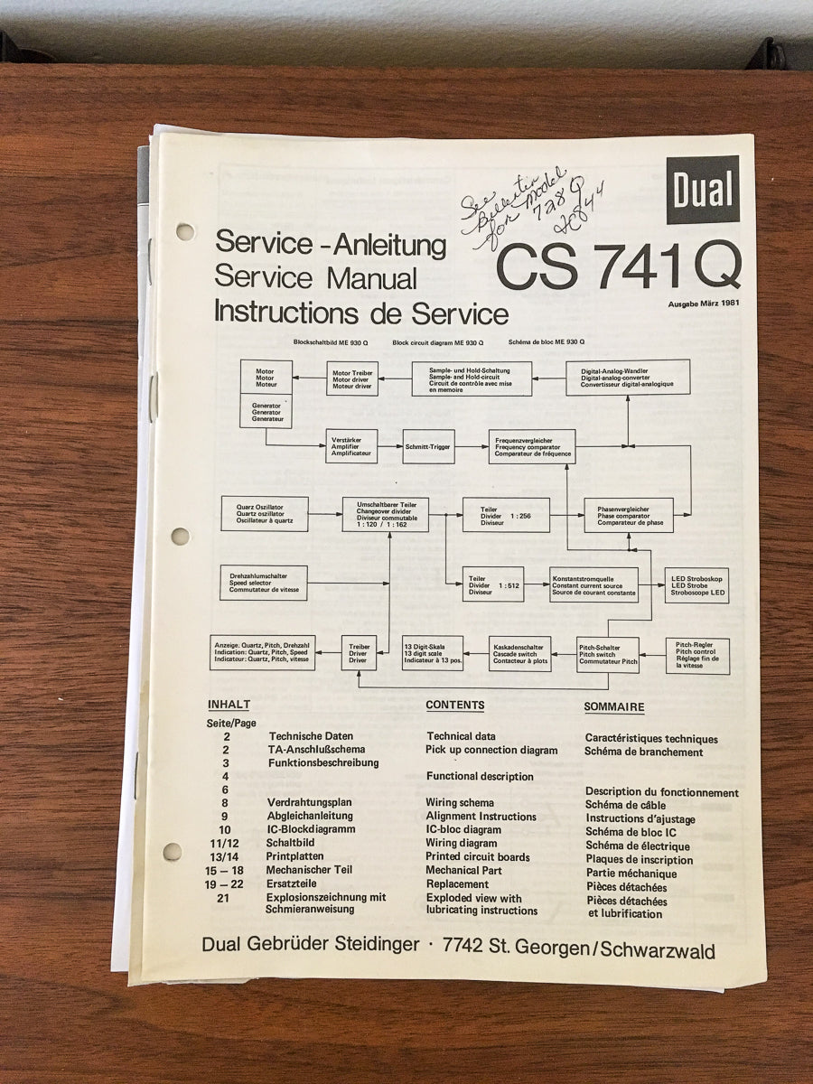 Dual CS 741Q 741-Q Turntable / Record Player Service Manual *Original ...