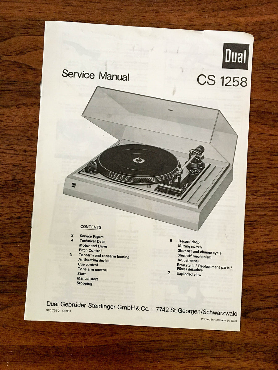 Dual CS 1258 Record Player / Turntable Service Manual *Original ...