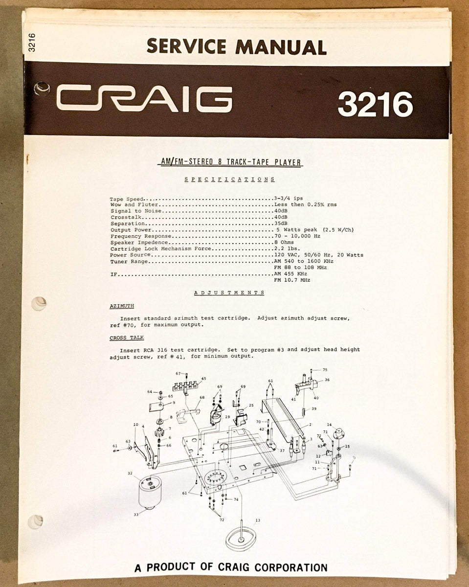 Craig Model 3216 8 Track Stereo Service Manual *Original* – Vintage ...
