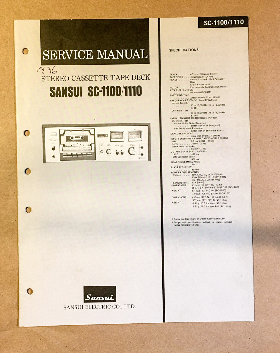 Sansui SC-1100 SC-1110 Cassette / Tape Player Service Manual *Original ...
