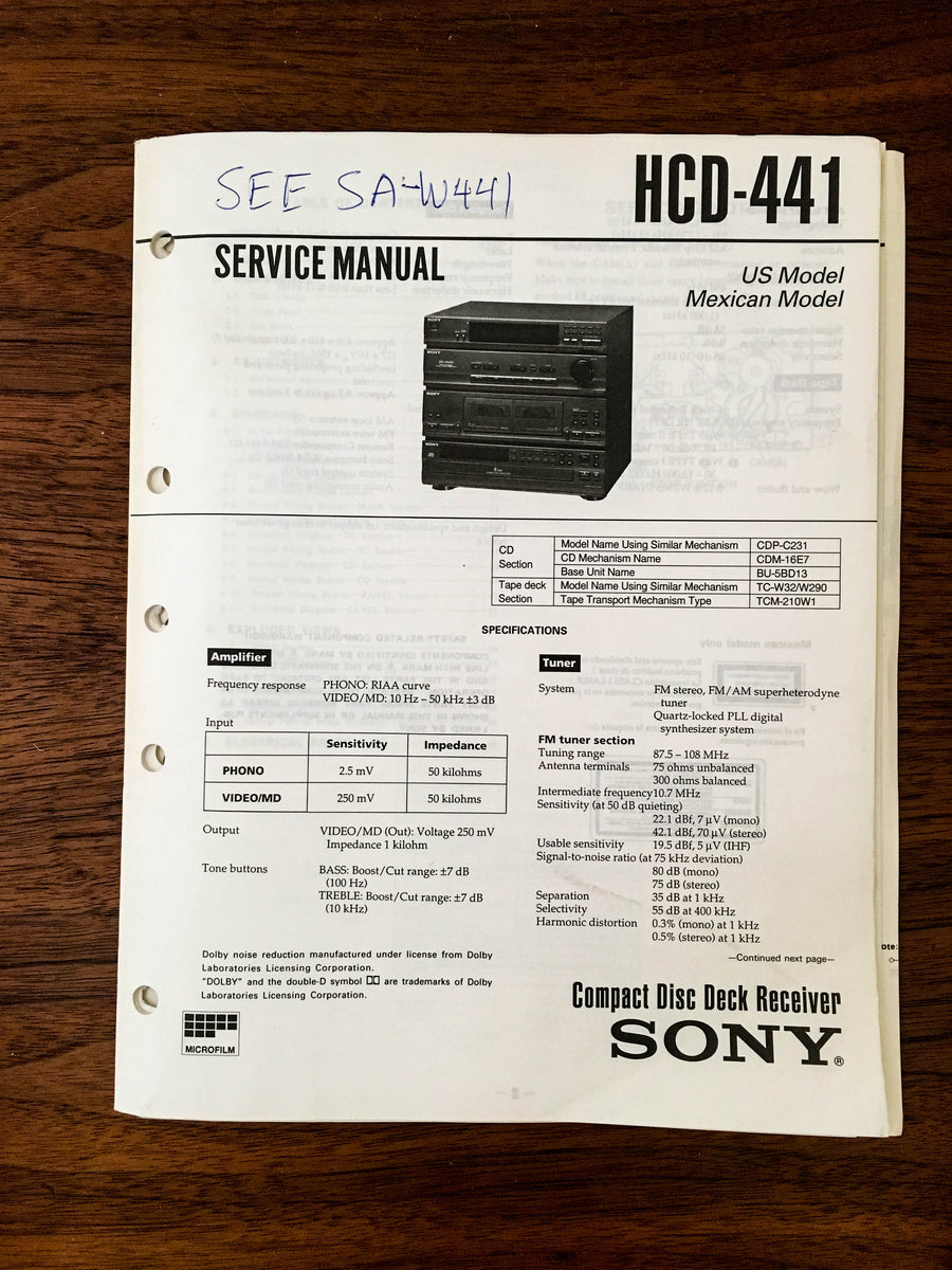 Sony HCD-441 CD Receiver Service Manual *Original* – Vintage Audio ...