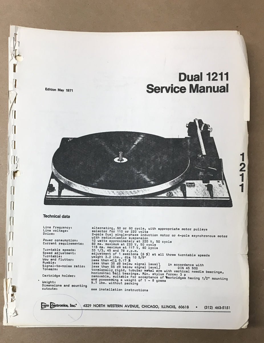 Dual Model 1211 Record Player / Turntable Service Manual *Original* #2 ...