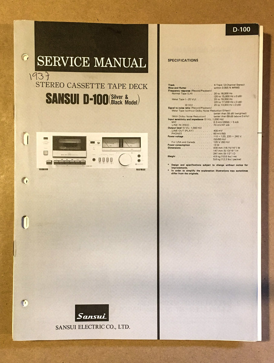 Sansui D-100 Cassette / Tape Player Service Manual *Original* – Vintage ...