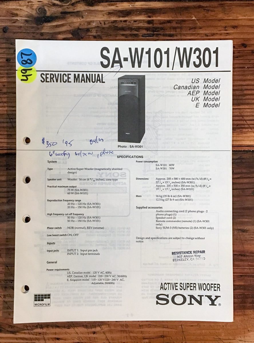 Sony SA-W101 SA-W301 Speaker Service Manual *Original* #2 – Vintage ...