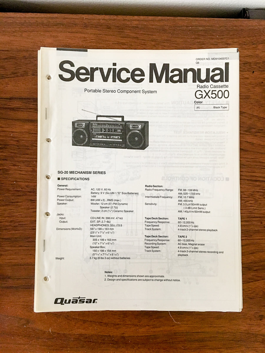 Quasar / Technics GX500 GX-500 Radio Cassette Service Manual *Original ...