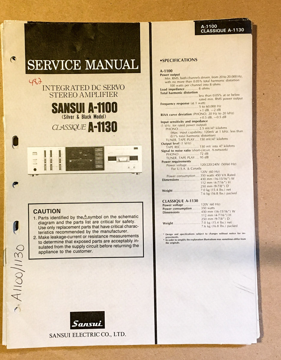 Sansui A-1100 A-1130 Amplifier Service Manual *Original* – Vintage ...