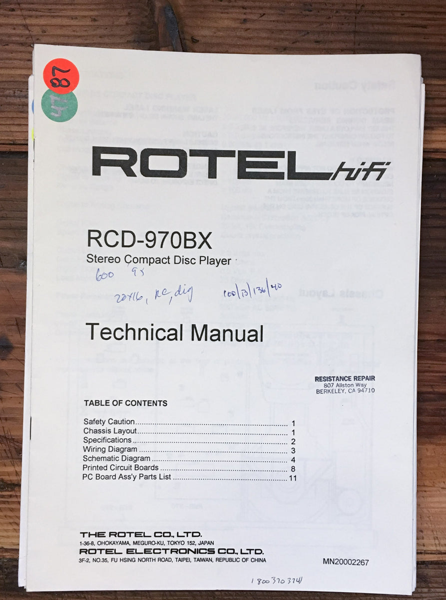 Rotel RCD-970BX CD Player Service Manual *Original* – Vintage Audio ...