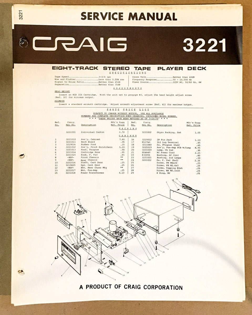 Craig Model 3221 8 Track Stereo Service Manual *Original* – Vintage ...