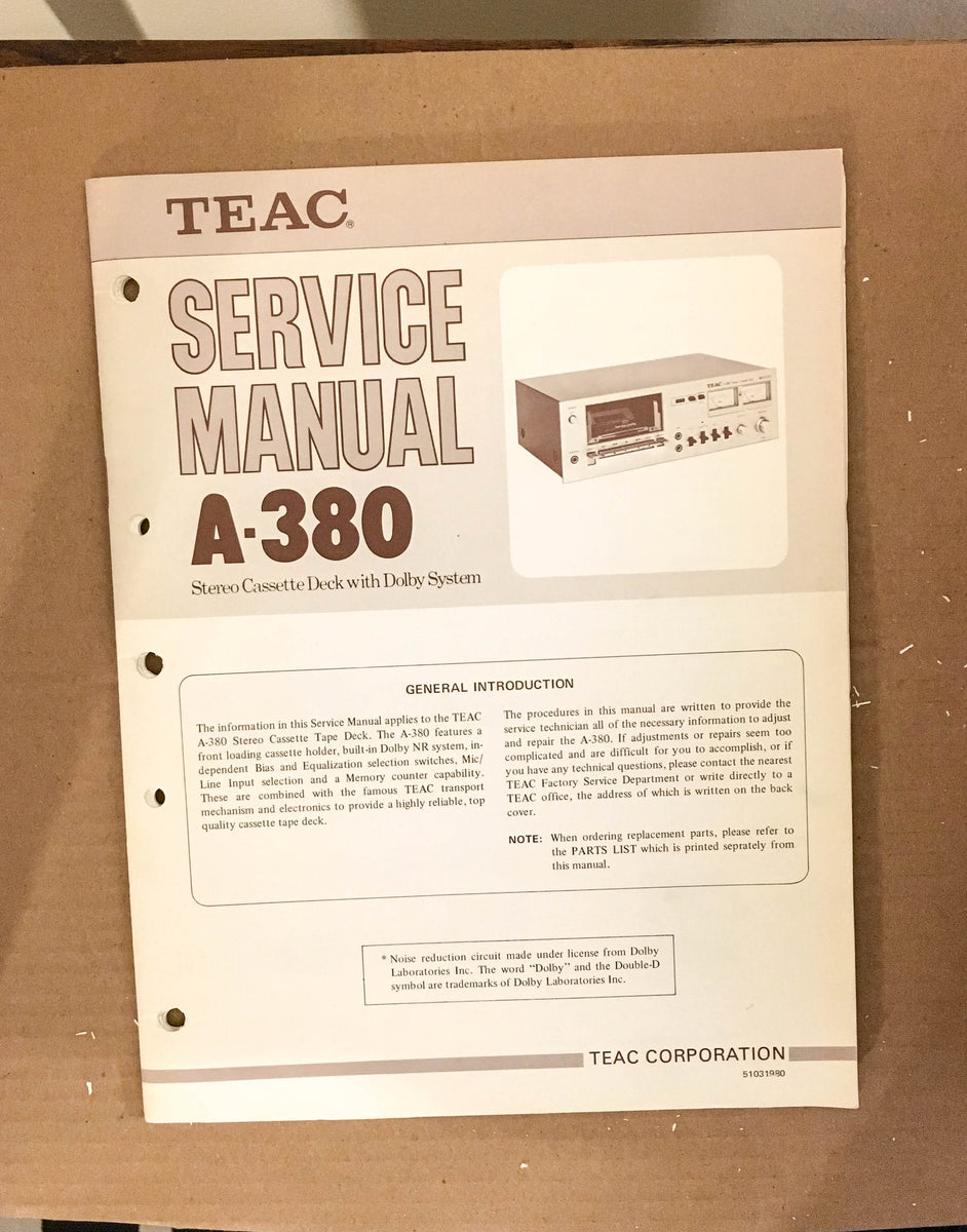 Teac A-380 Tape Deck Service Manual *Original* – Vintage Audio Store ...