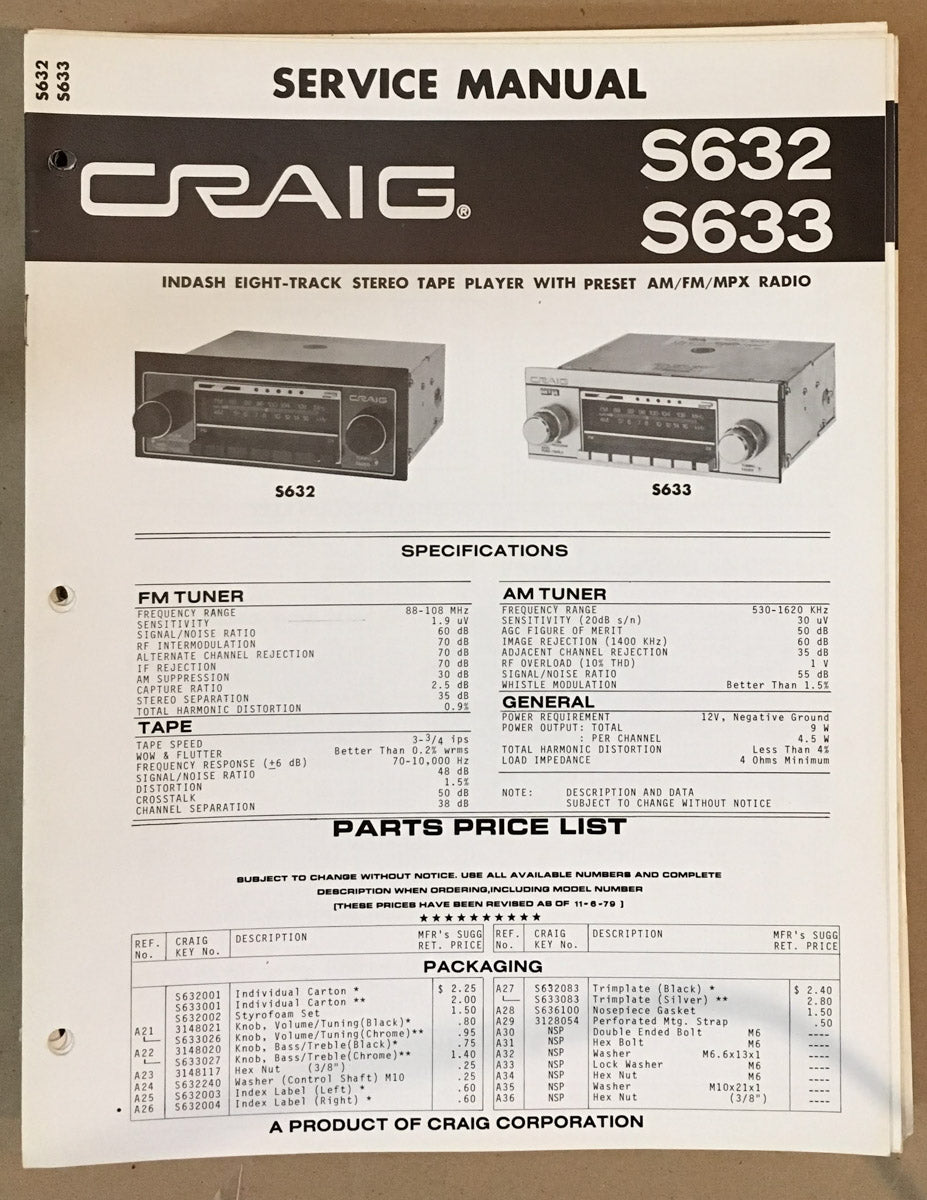 Craig Model S632 S633 Car Stereo Service Manual *Original* – Vintage ...
