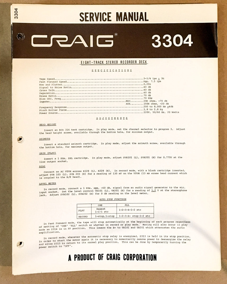 Craig Model 3304 8 Track Stereo Service Manual *Original* – Vintage ...