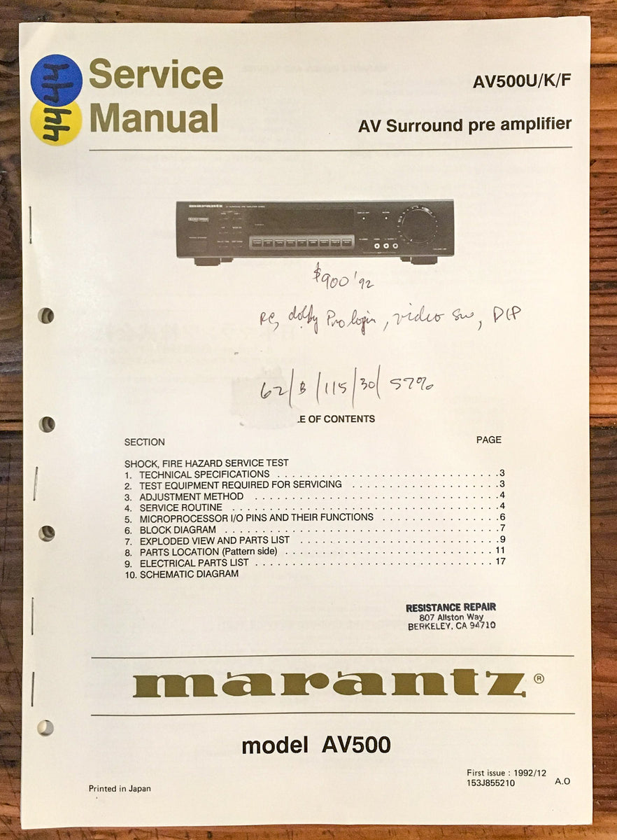 Marantz AV500AV 500 U Surround Preamp / Preamplifier Service Manual *O ...