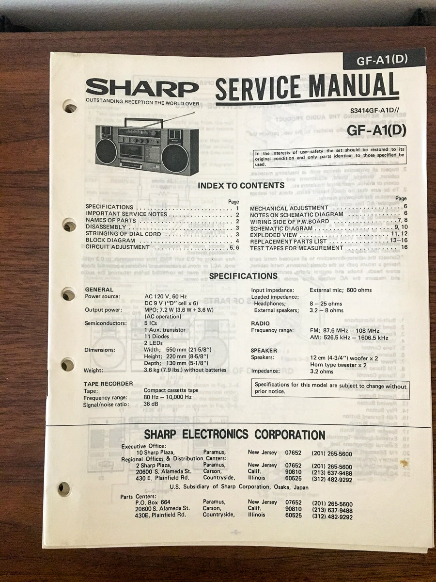 Sharp GF-A1 Radio / Boombox Service Manual *Original* – Vintage Audio ...