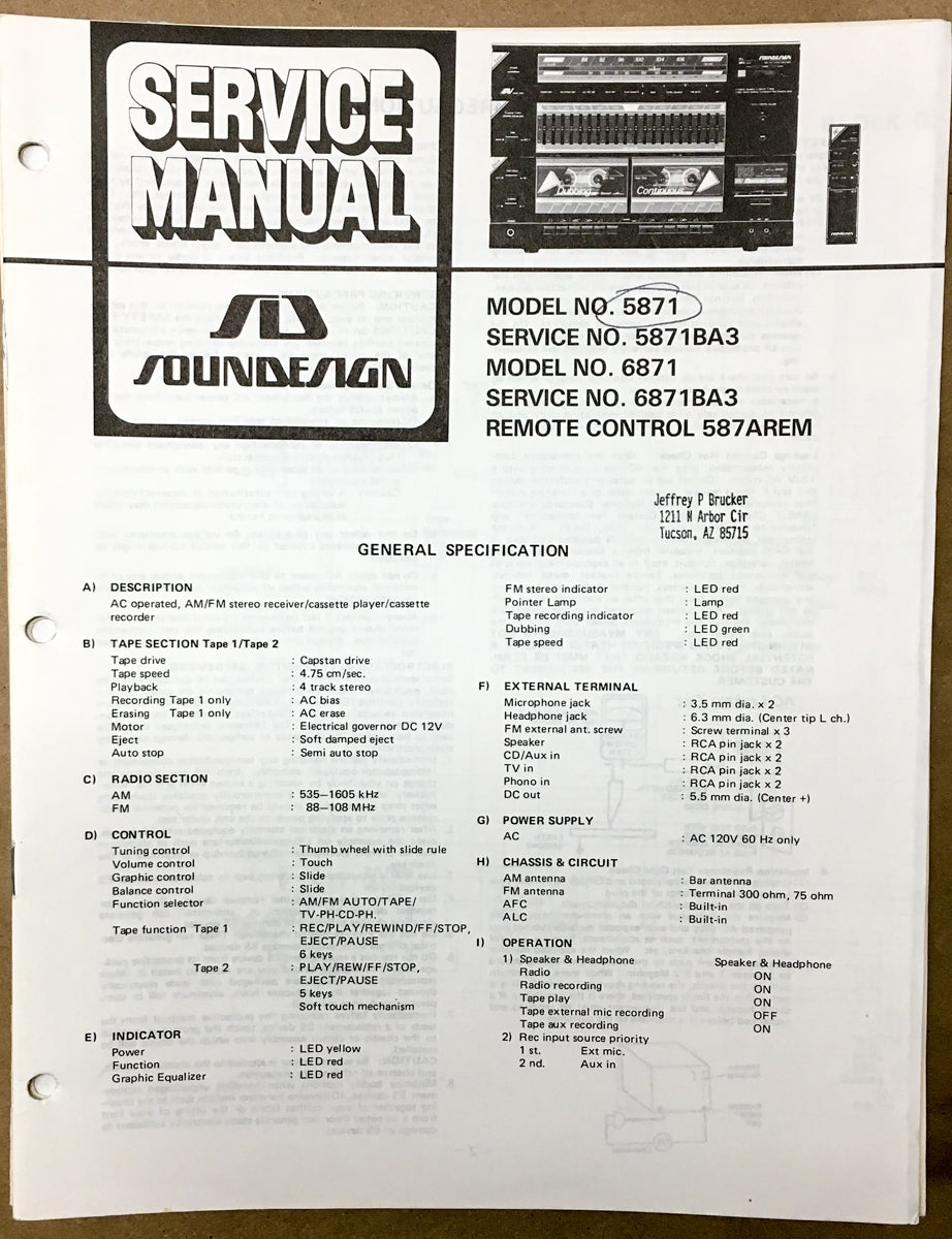 Soundesign Model 5871 6871 Stereo Service Manual *Original* – Vintage ...