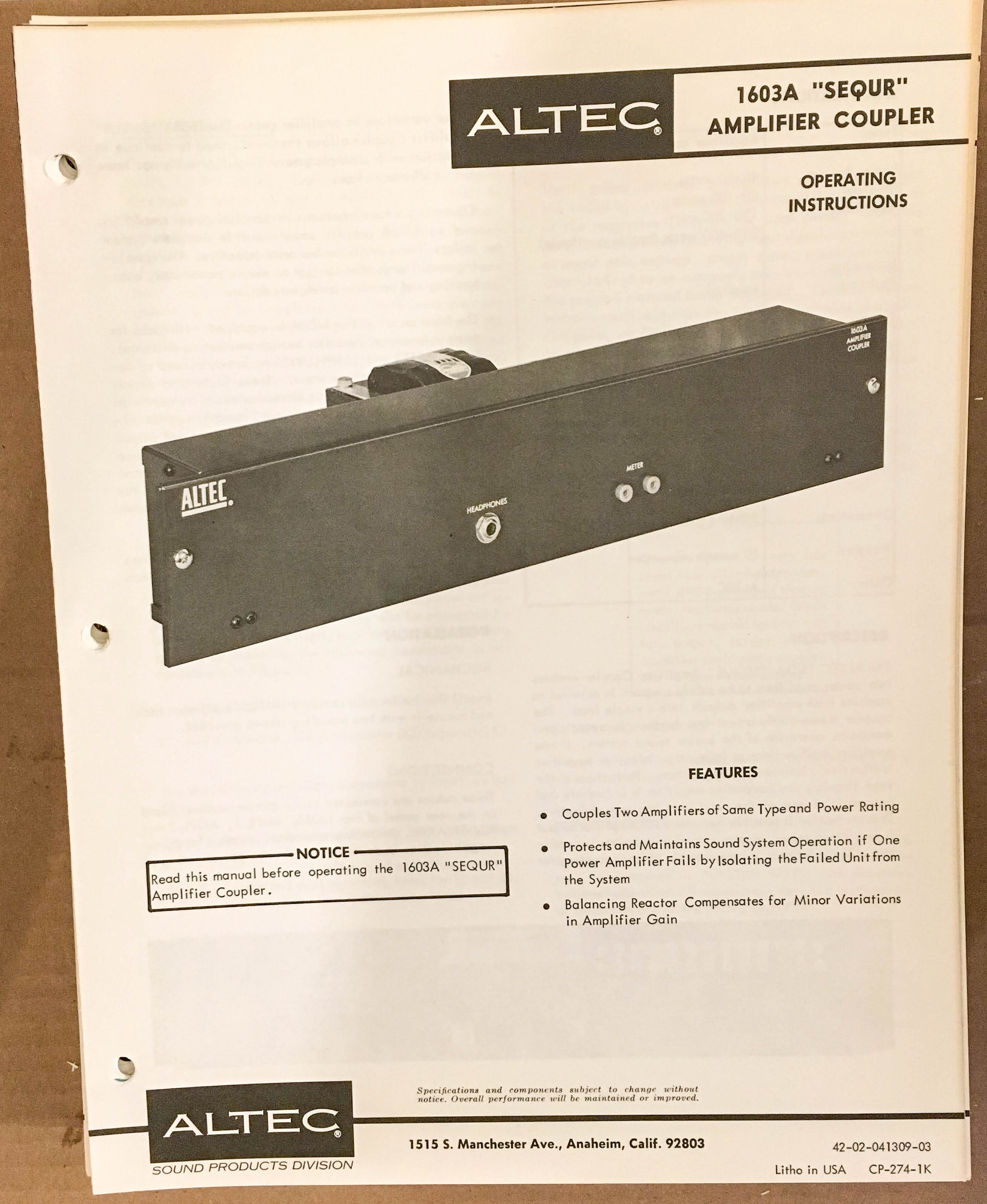 Altec 1603A / 1603 A SEQUR Amplifier Coupler Operating Instructions *O ...