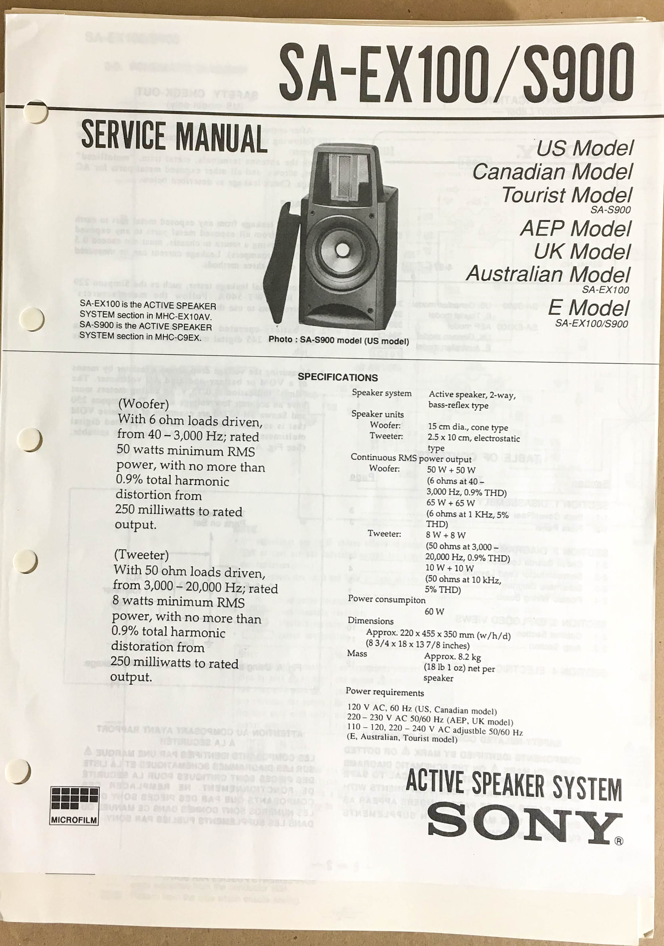 Sony SA-EX100 SA-S900 Speaker System Service Manual *Original ...