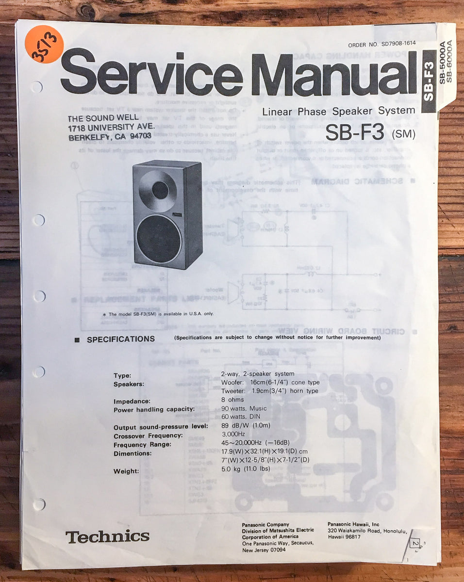 Technics SB-F3 Speaker Service Manual *Original* – Vintage Audio Store ...