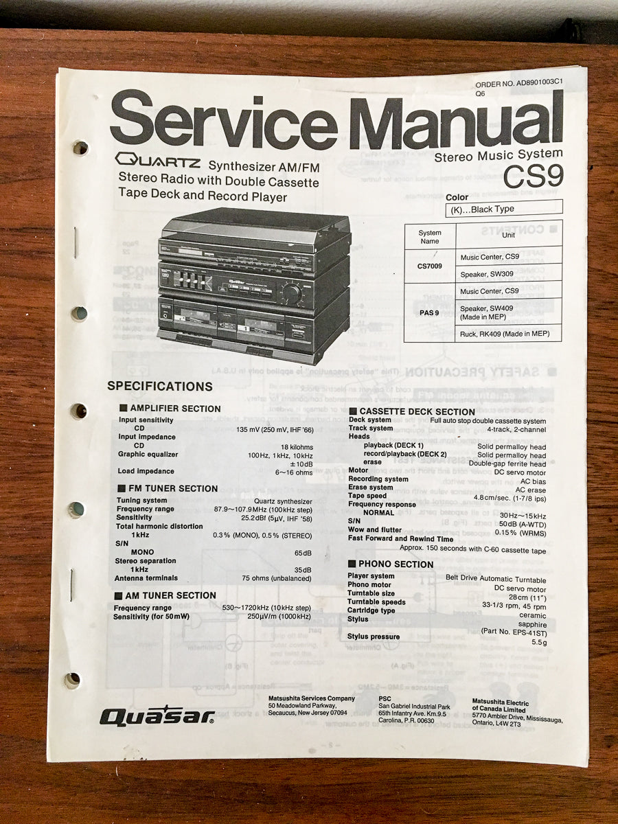 Quasar / Technics CS9 CS-9 Stereo Service Manual *Original* – Vintage ...