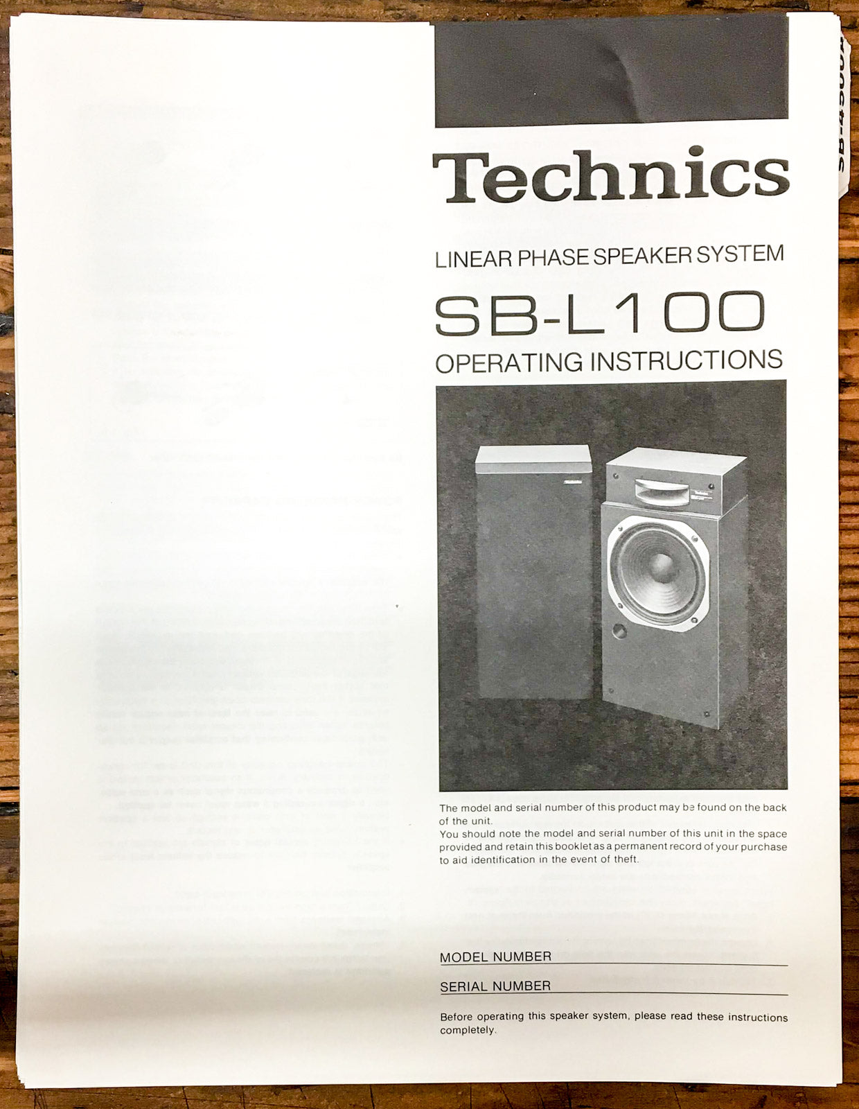 Technics SB-L100 Speaker Owners / User Manual *Original* – Vintage ...