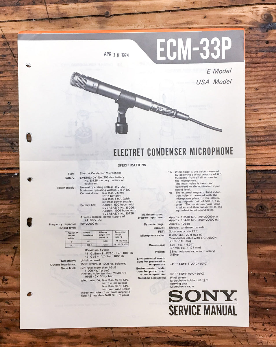 Sony ECM-33P Microphone Service Manual *Original* – Vintage Audio Store ...