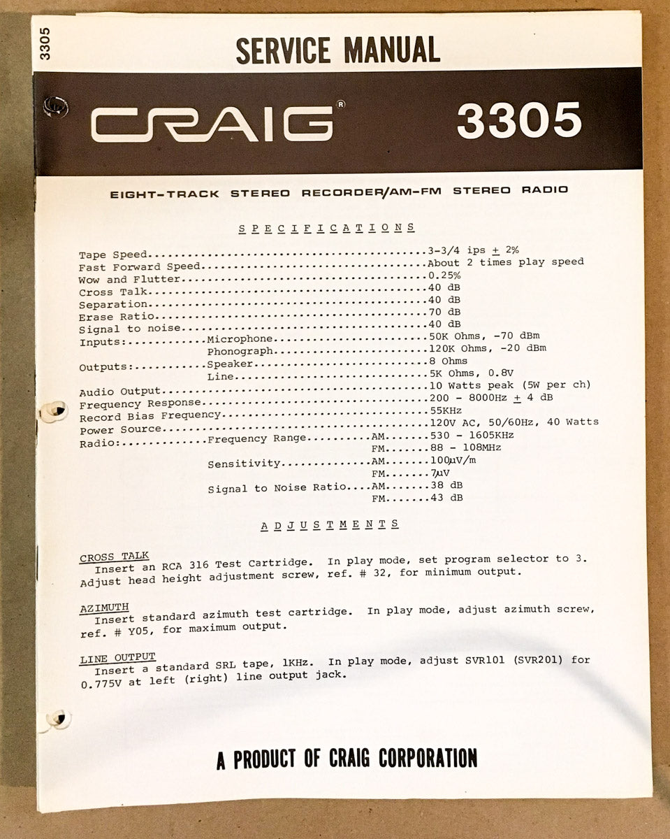 Craig Model 3305 8 Track Stereo Service Manual *Original* – Vintage ...