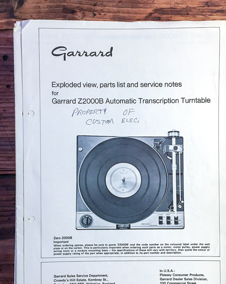 Garrard Model Z2000B Z-2000-B Record Player Service Manual *Original ...