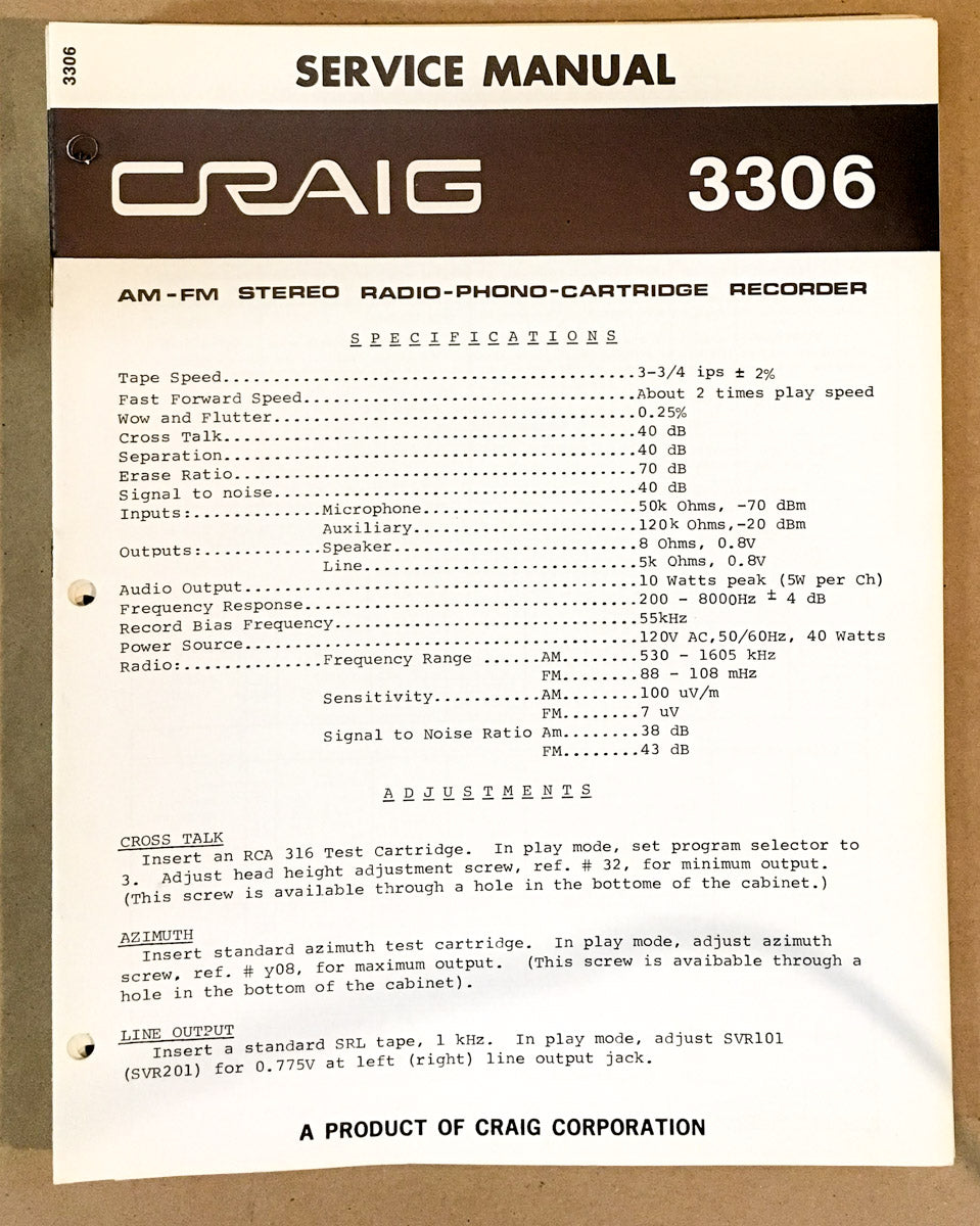 Craig Model 3306 8 Track Stereo Service Manual *Original* – Vintage ...