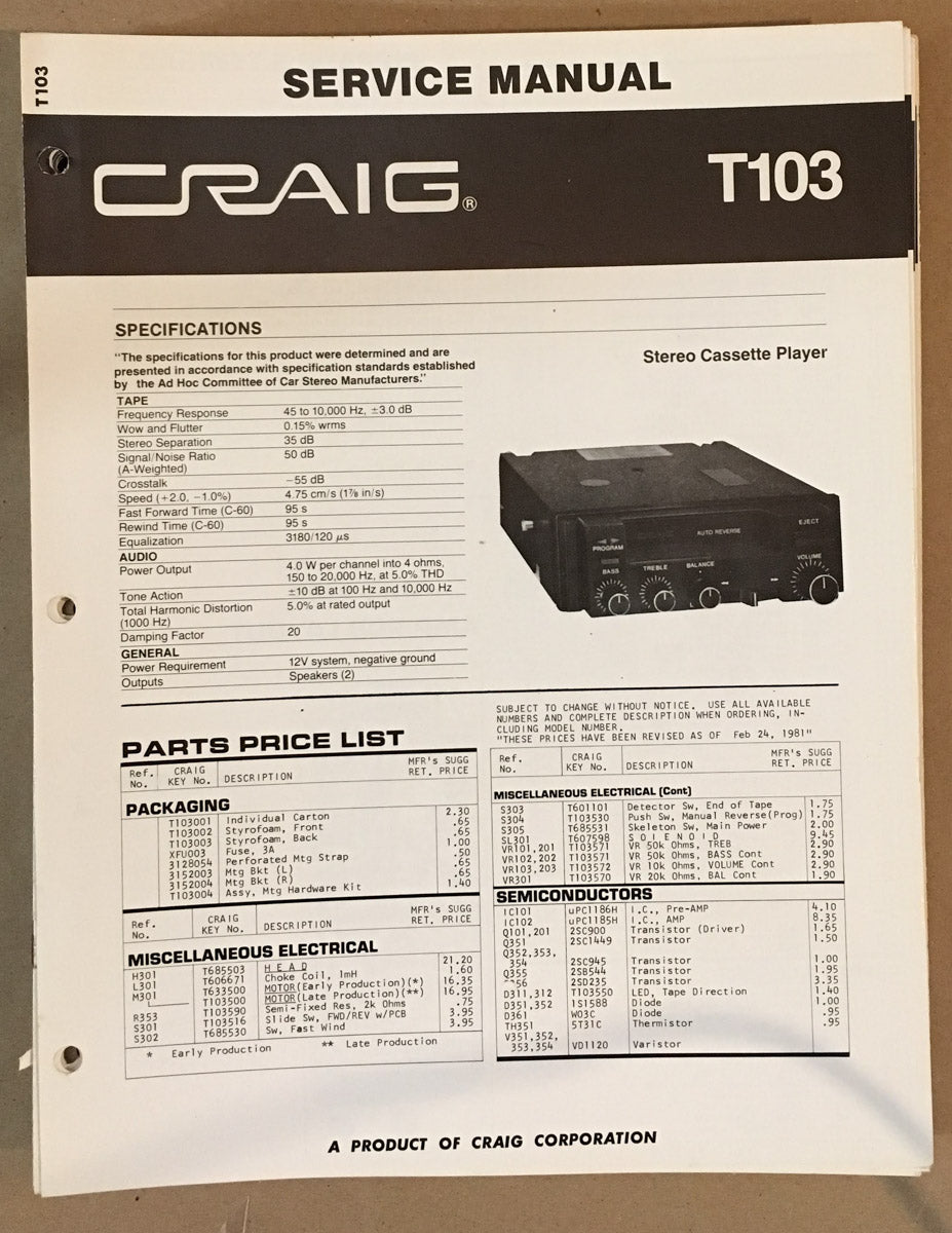 Craig Model T103 Car Stereo / Cassette Service Manual *Original ...