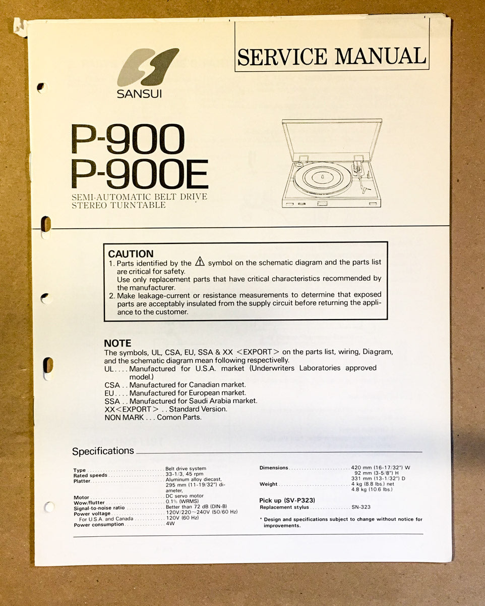 Sansui P-900 P-900E Record Player / Turntable Service Manual *Original ...